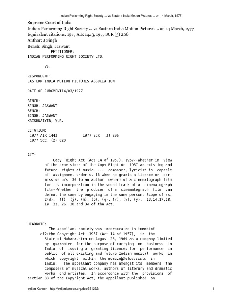 Indian Performing Right Society ... Vs Eastern India Motion Pictures ...