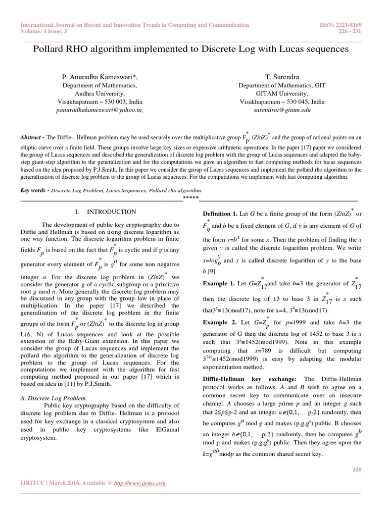 Pollard RHO Algorithm Implemented To Discrete Log With Lucas Sequences | PDF | Logarithm ...