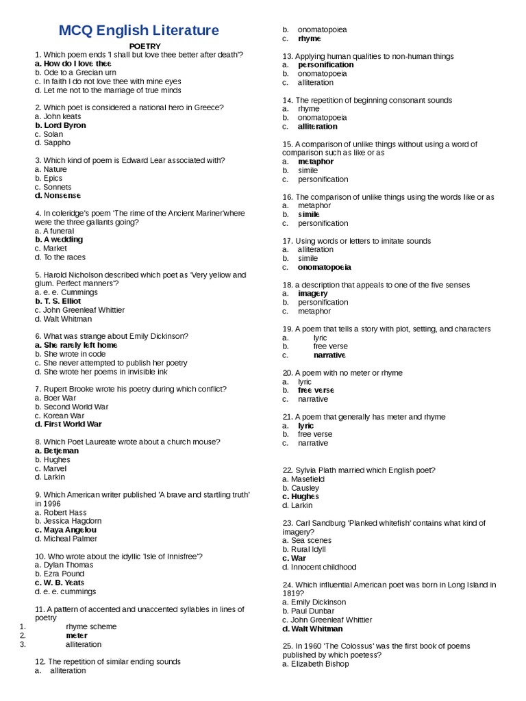MCQ English Literature | PDF | William Shakespeare | Poetry