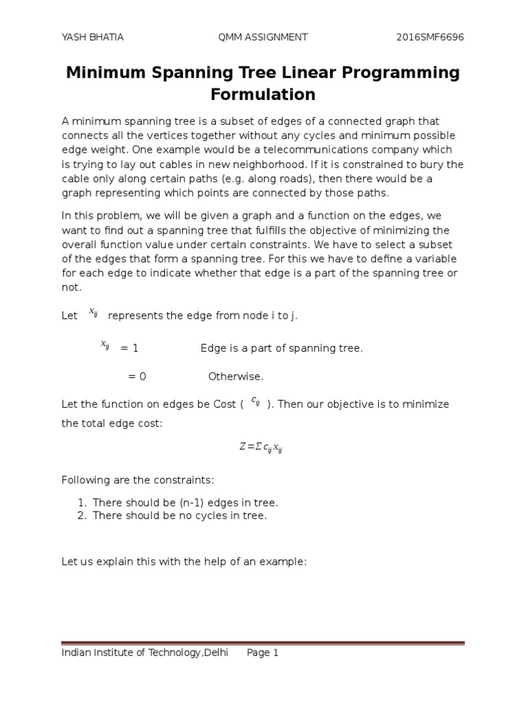 Formulating the Minimum Spanning Tree Problem Using Linear Programming Constraints | PDF ...