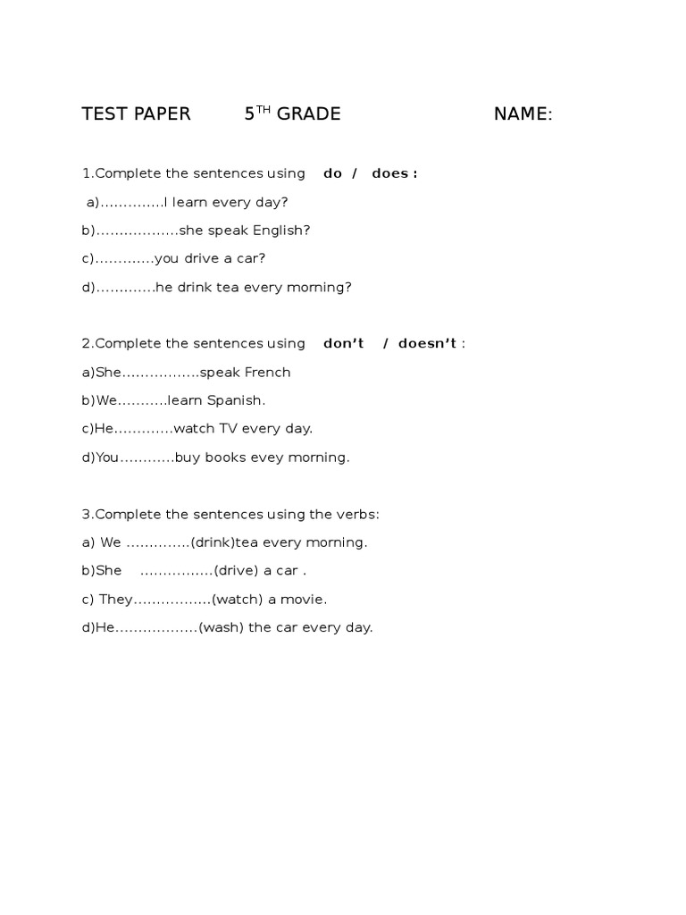Test Paper 5th Grade Name | PDF