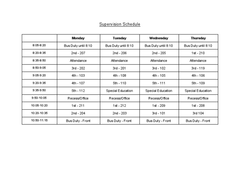 Supervision Schedule: Monday Tuesday Wednesday Thursday | PDF | Sports