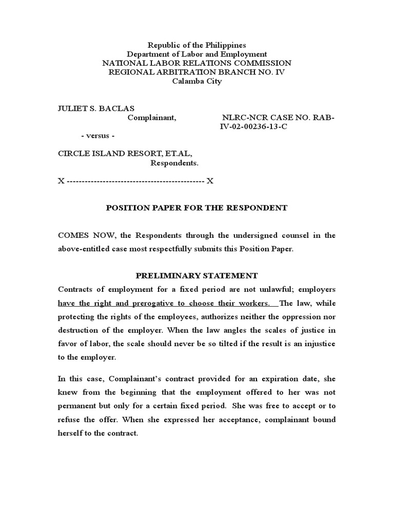 Position Paper Sample | PDF | Overtime | Employment