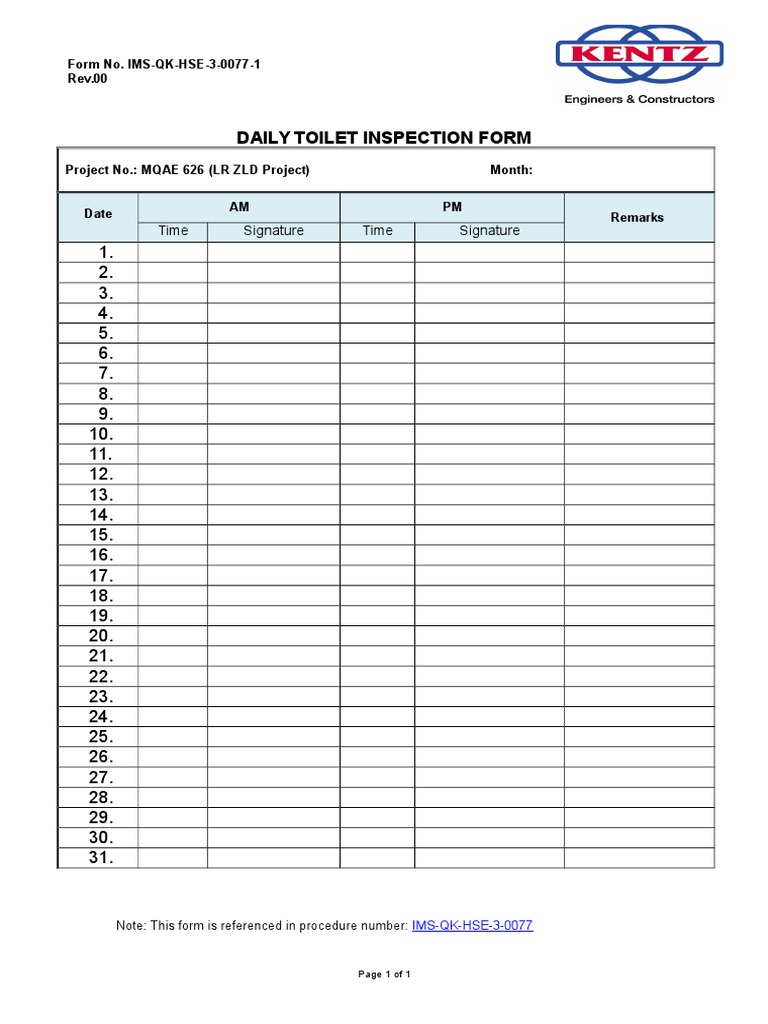 Toilet Checklist IMS-QK-HSE-3-0077-1 | PDF