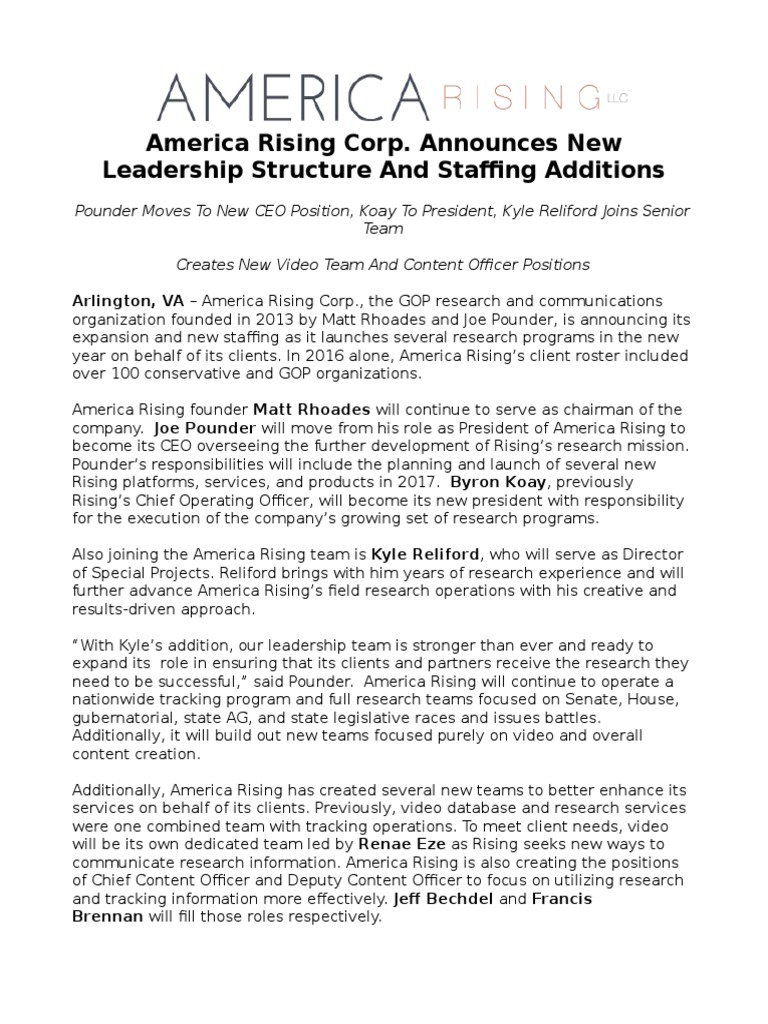America Rising Corp. Announces New Leadership Structure and Staffing ...