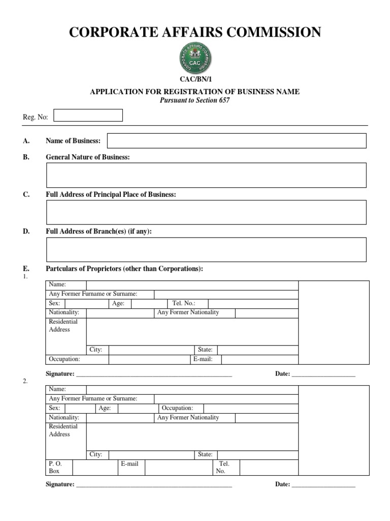 CAC Business Registration Form | PDF