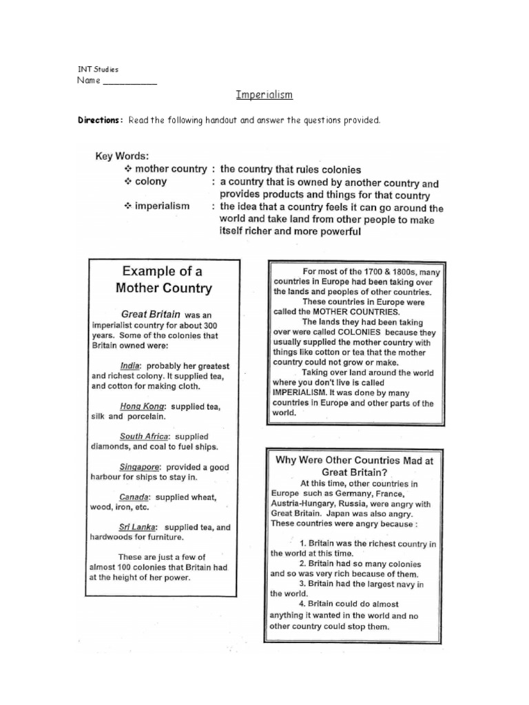 Imperialism: Directions: Read The Following Handout and Answer The ...