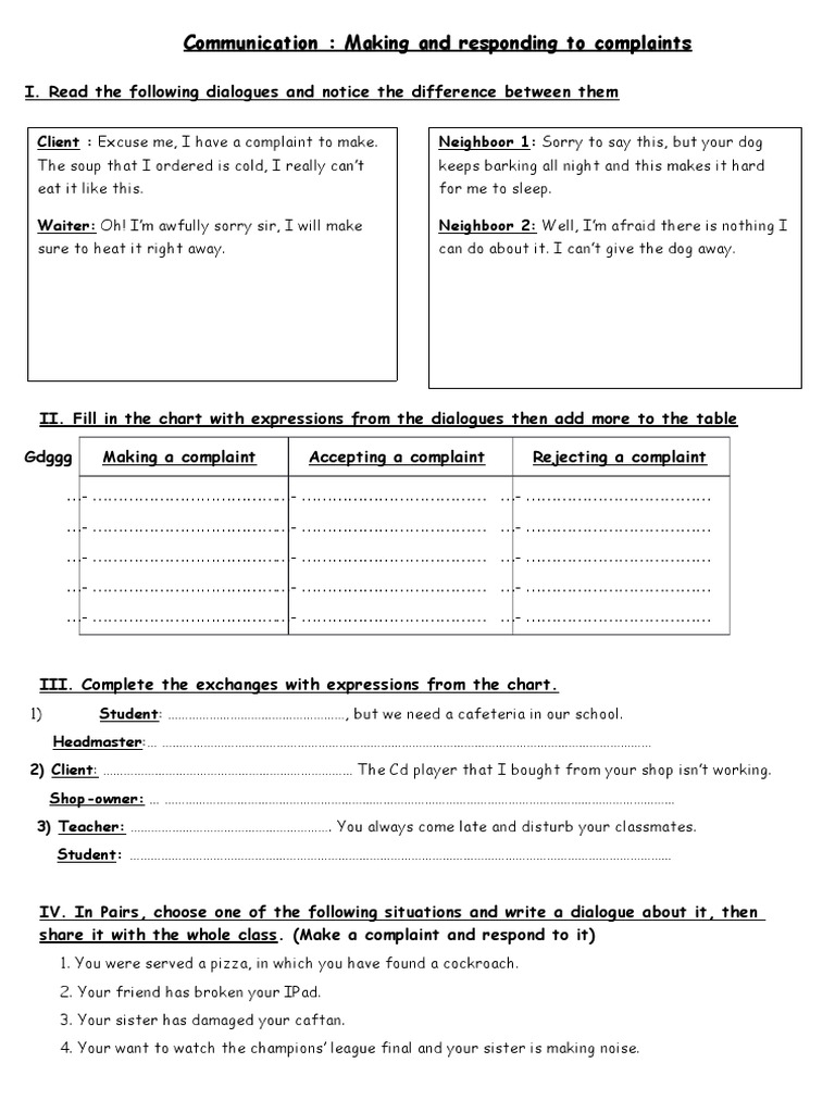 Making and Responding To Complaints WORKSHEET | PDF | Home & Garden