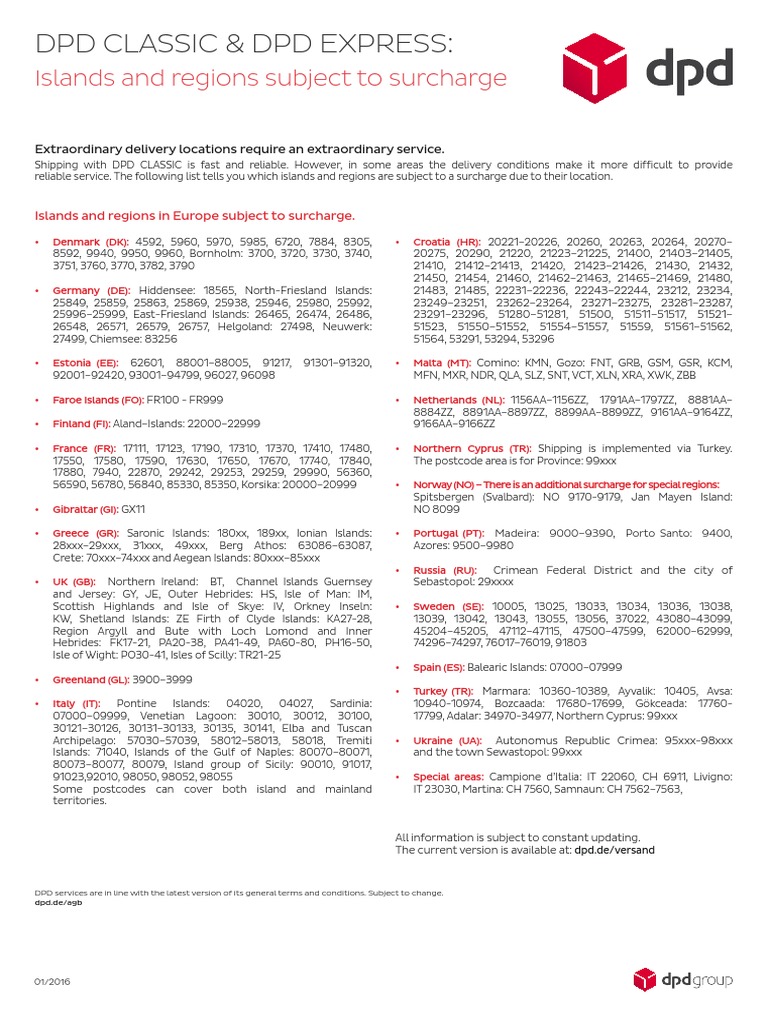 DPD Classic Surcharge Areas in Europe | PDF | Coastal Geography