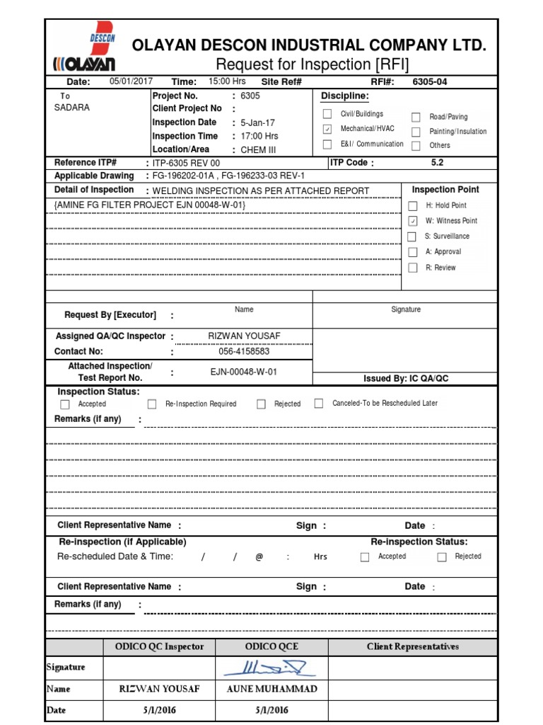RFI For Welding Inspection EJN00048 | PDF