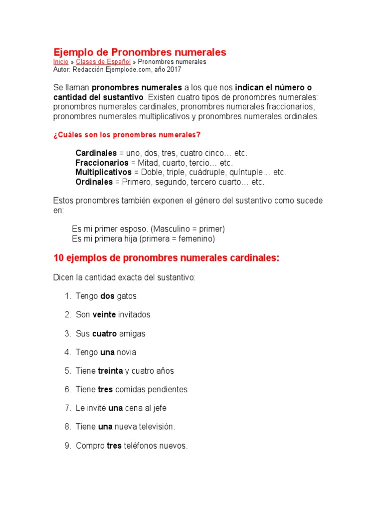 Ejemplo de Pronombres Numerales | Sustantivo | Pronombre | Prueba ...