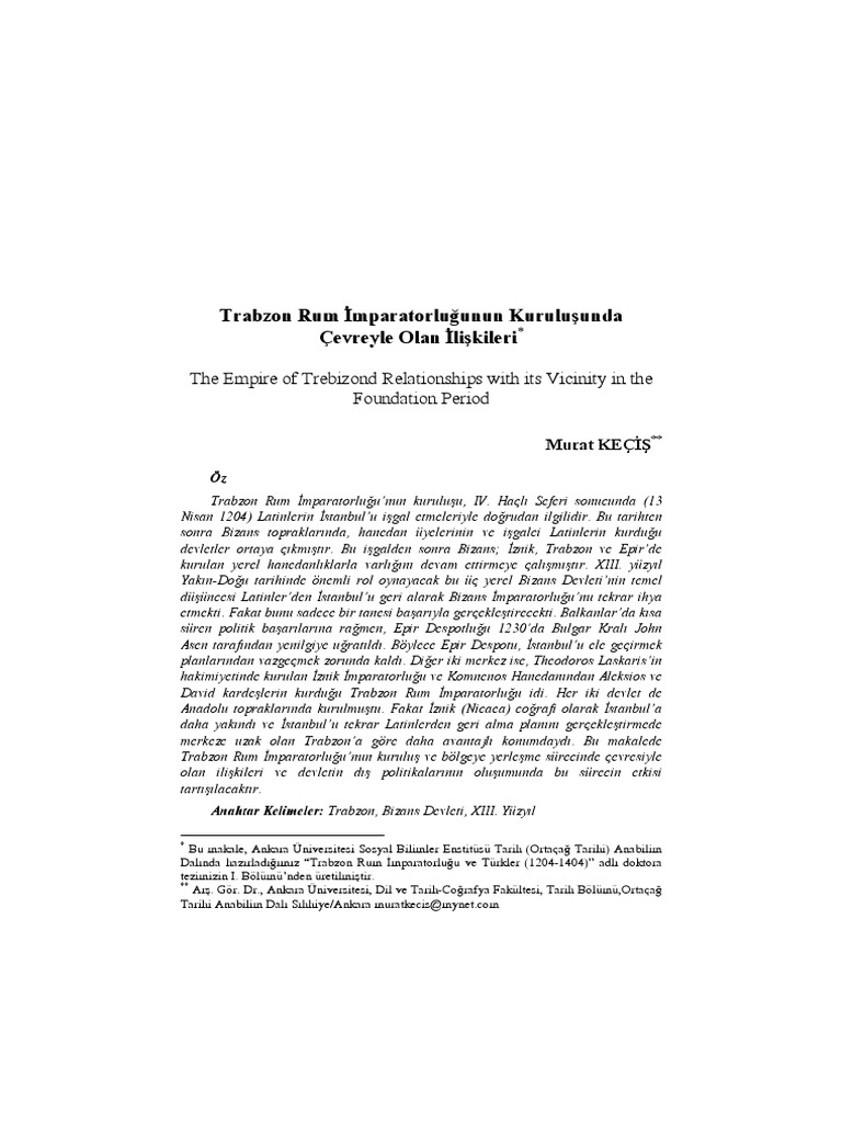 Trabzon Rum İmparatorluğunun Kuruluşunda Çevreyle Olan İlişkileri | PDF