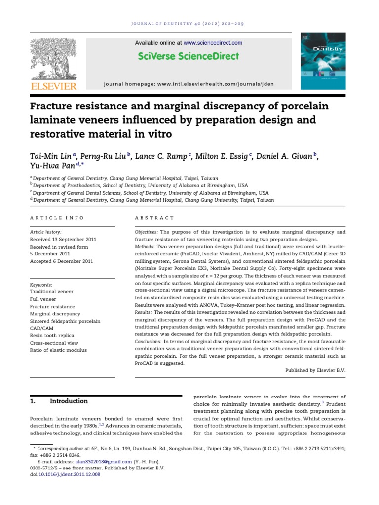 Fracture Resistance and Marginal Discrepancy of Porcelain Laminate ...