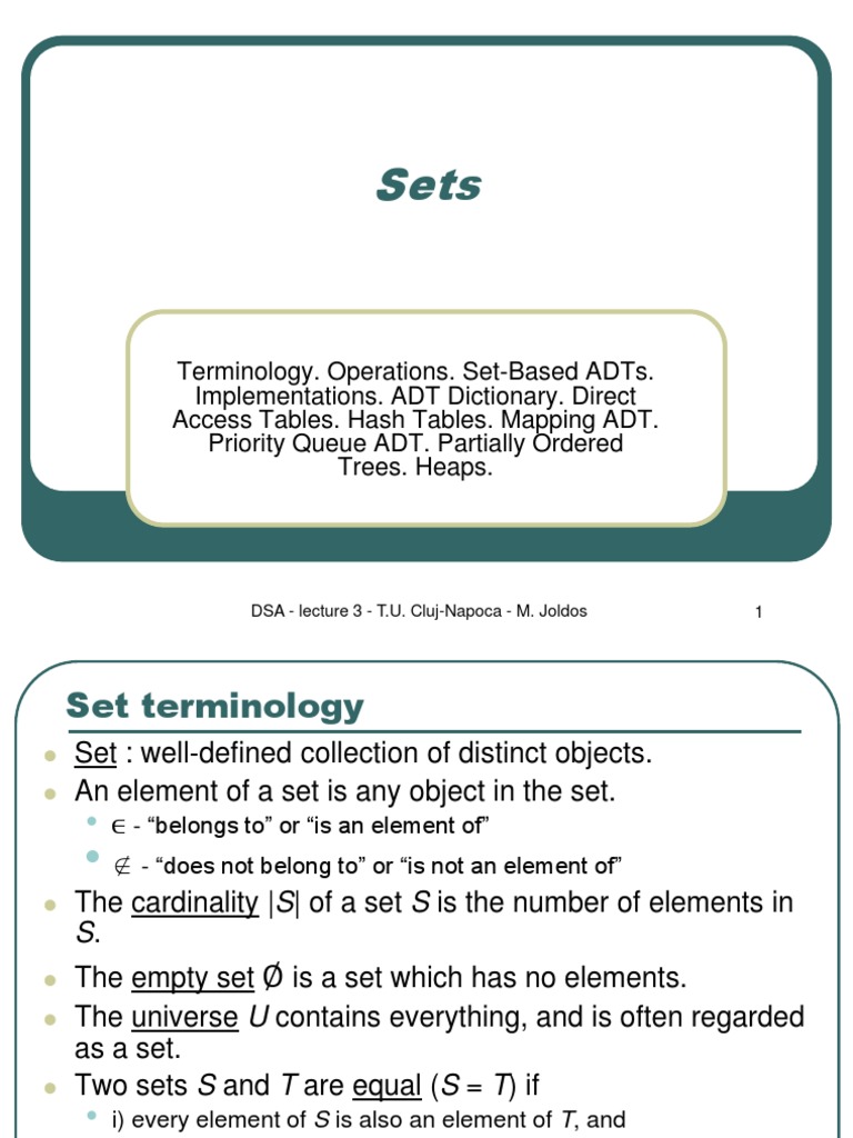Terminology. Operations. Set-Based Adts. Implementations. Adt Dictionary. Direct Access Tables ...