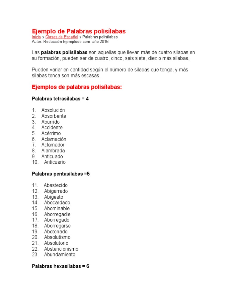 Ejemplo de Palabras Polisílabas