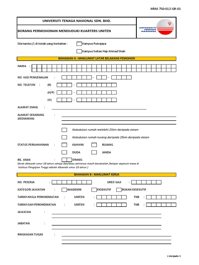 Borang Permohonan Menduduki Kuarters UNITEN | PDF