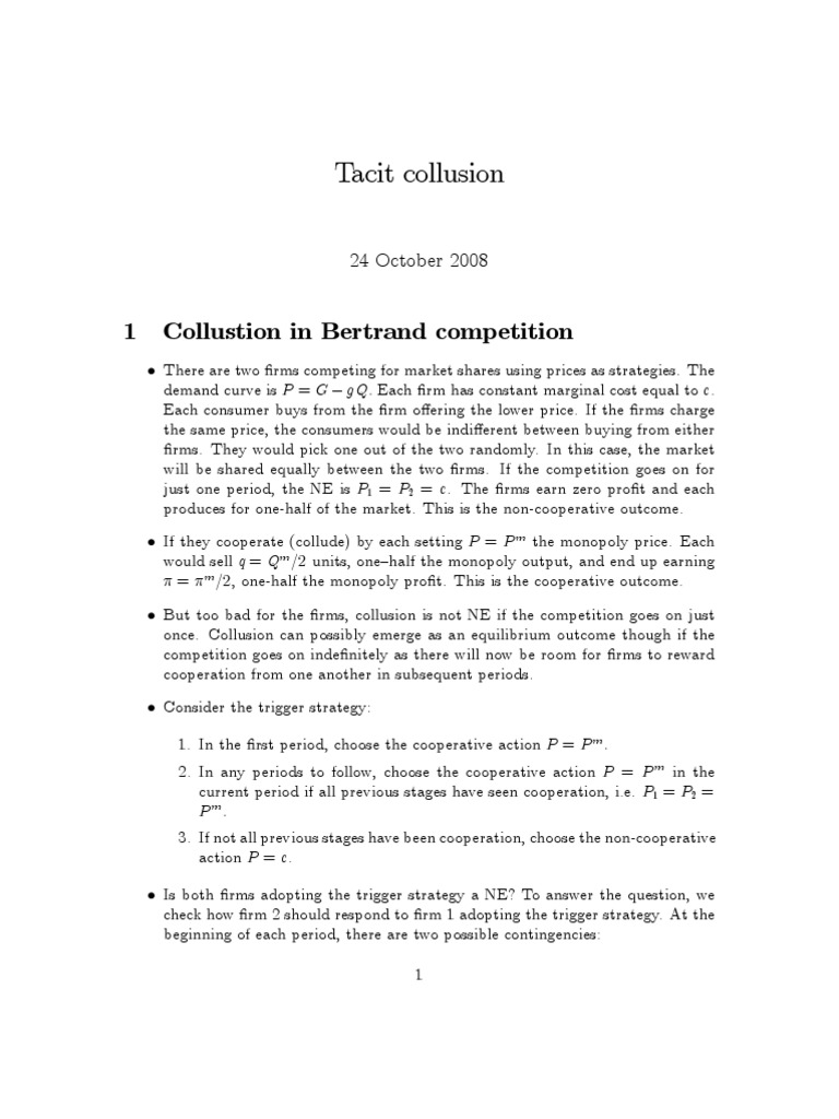 Tacit Collusion in Bertrand and Cournot | PDF | Business Economics ...