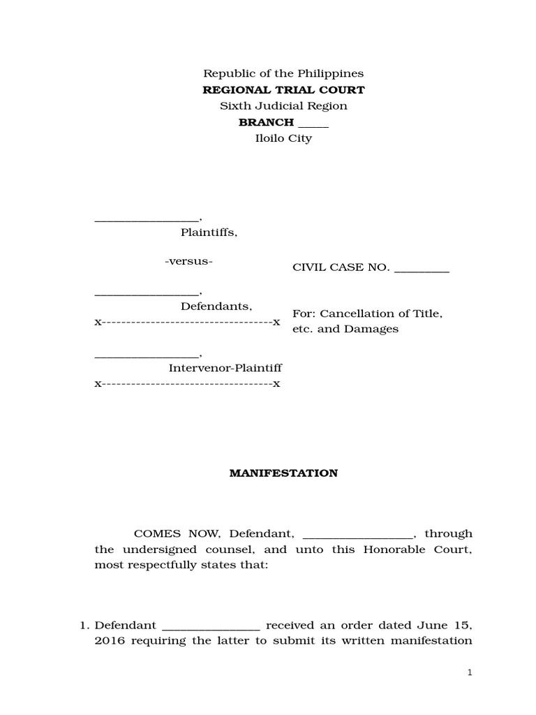 Court Manifestation for Case Hearing | PDF