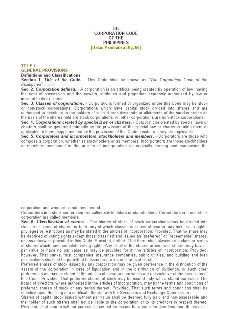 Corporation Code of The Philippines | PDF | Corporations | Preferred Stock