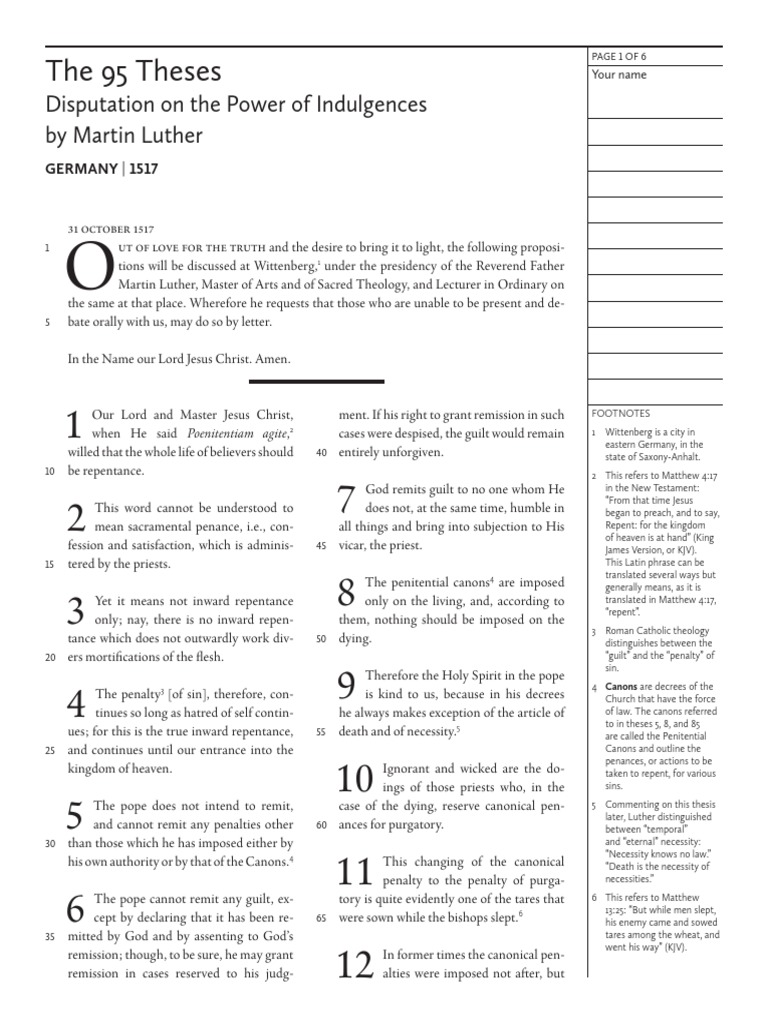 The 95 Theses by Martin Luther (Germany, 1517) | PDF | Indulgence ...