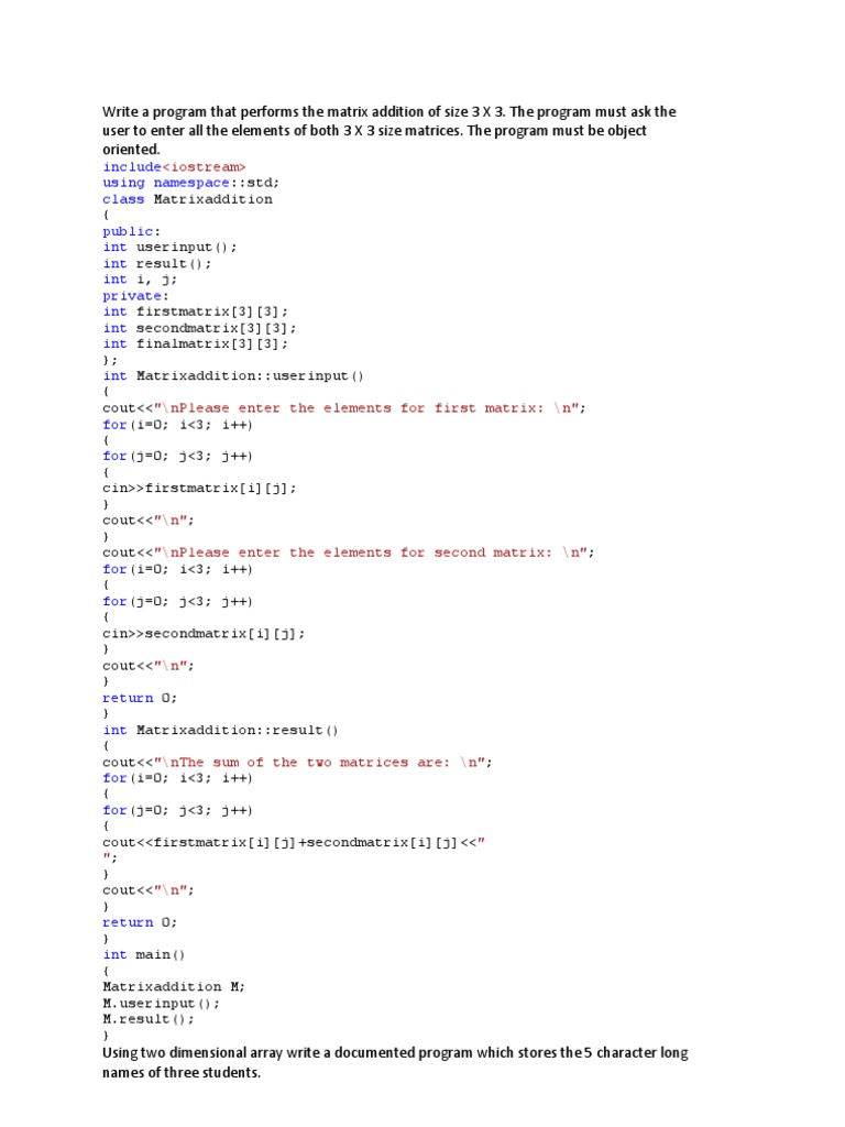 Include Using Namespace Class Public Int Int Int Private Int Int Int Int Pdf Matrix
