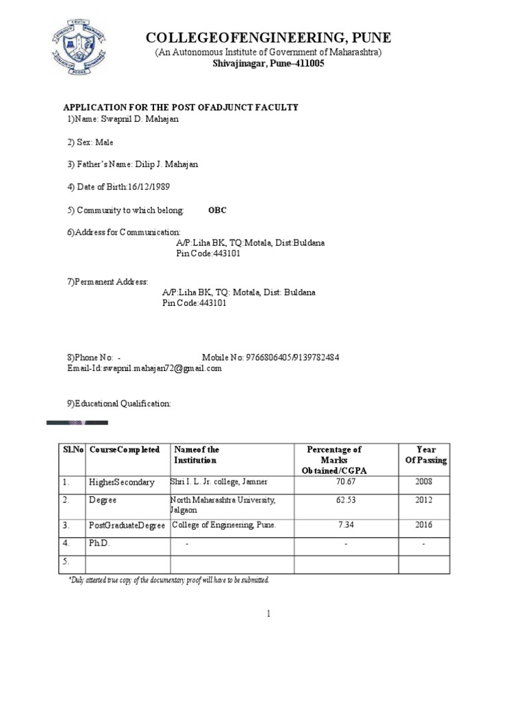 Application - For - Adjunct Faculty - COEP | PDF | Doctor Of Philosophy ...