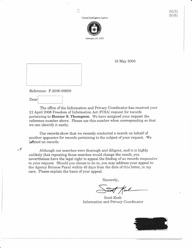 CIA Final Response Letter RE Hunter Thompson | PDF | Law