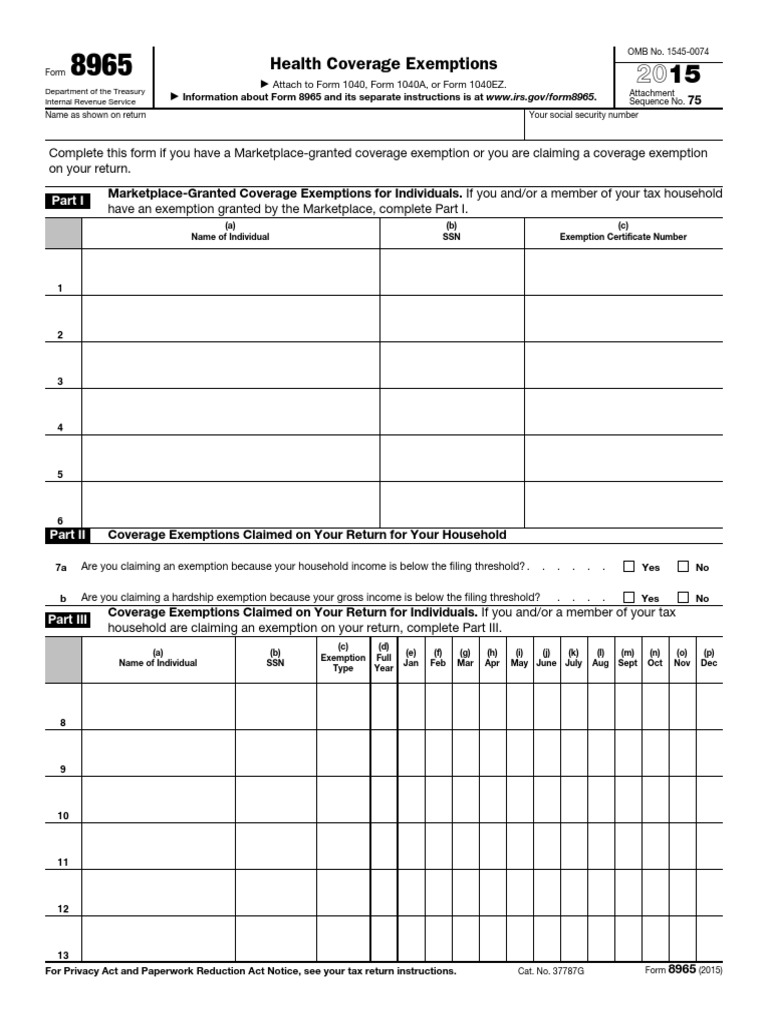 Irs Form 8965 - Health Coverage Exemptions | PDF