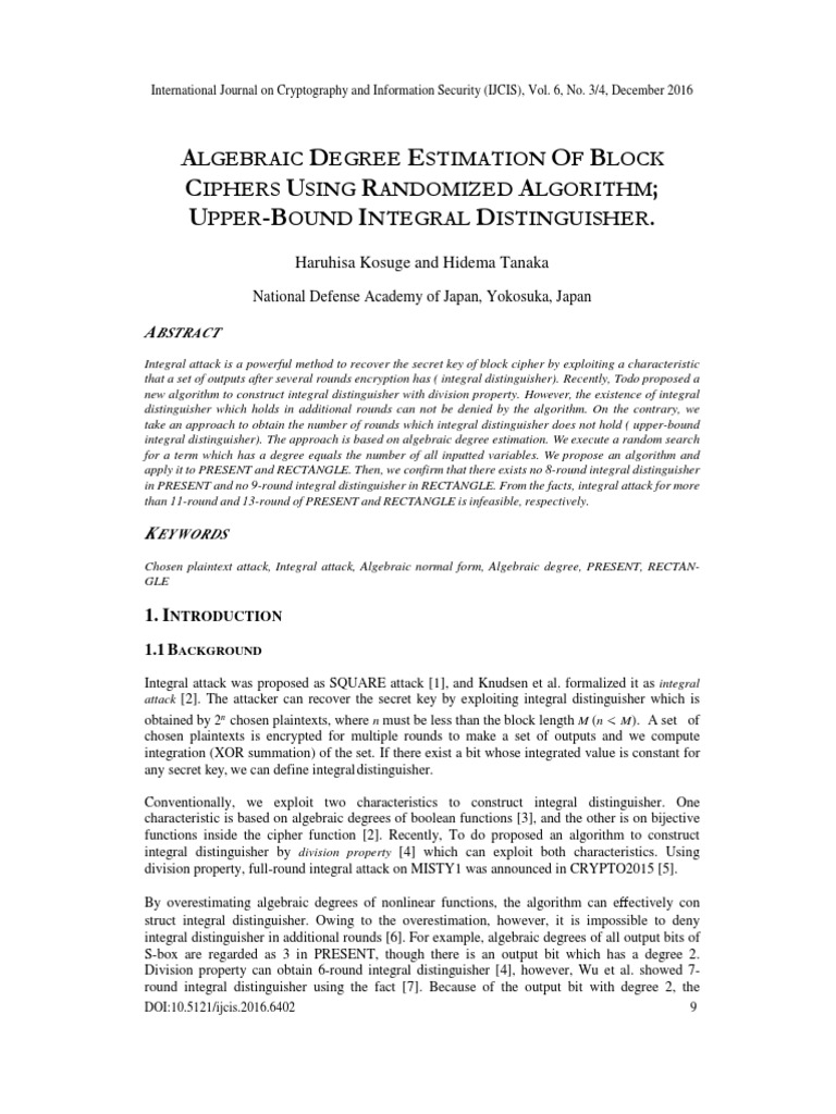 Algebraic Degree Estimation of Block Ciphers Using Randomized Algorithm Upper-Bound Integral ...