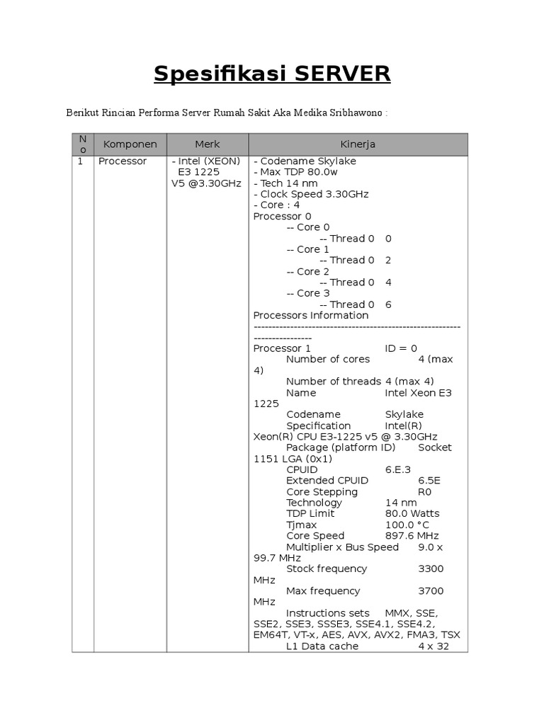 Server Performance Specifications for Rumah Sakit Aka Medika Sribhawono ...