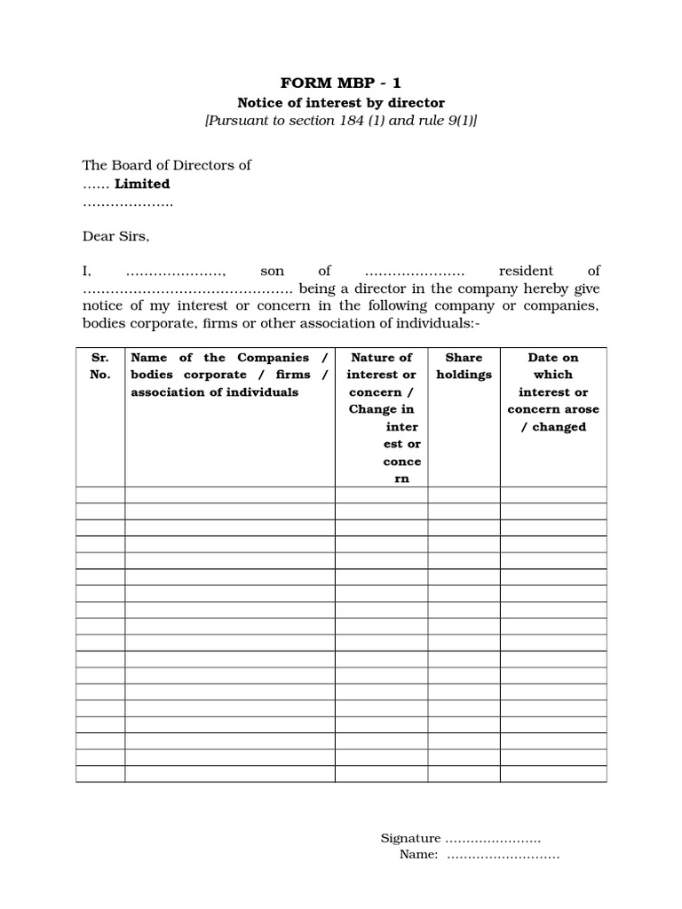 Form MBP 1 & DIR 8 | Board Of Directors | Government Information