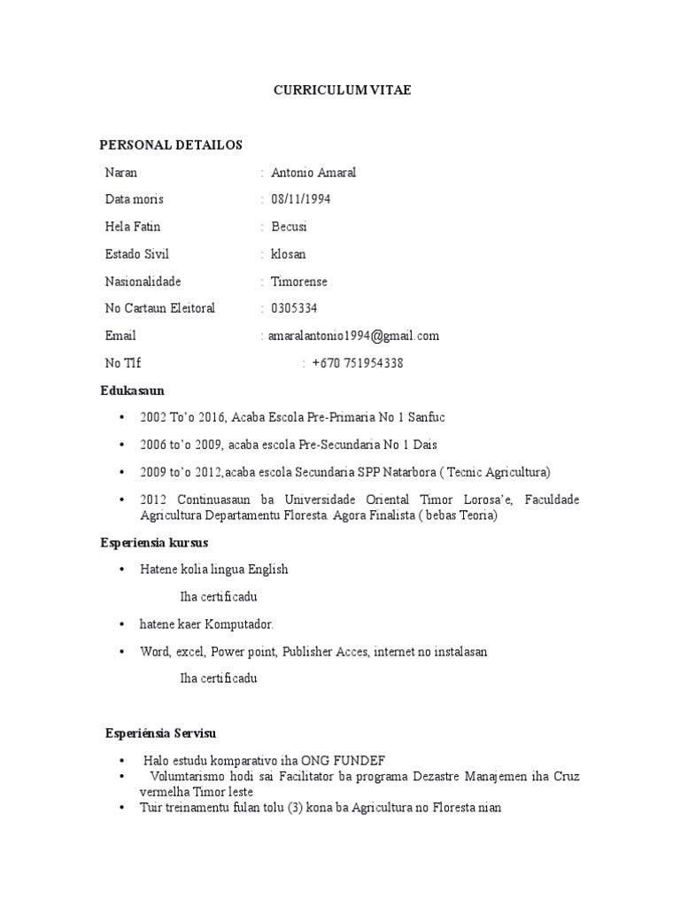 Ejemplo de CV en Tetun para 2025 | PDF