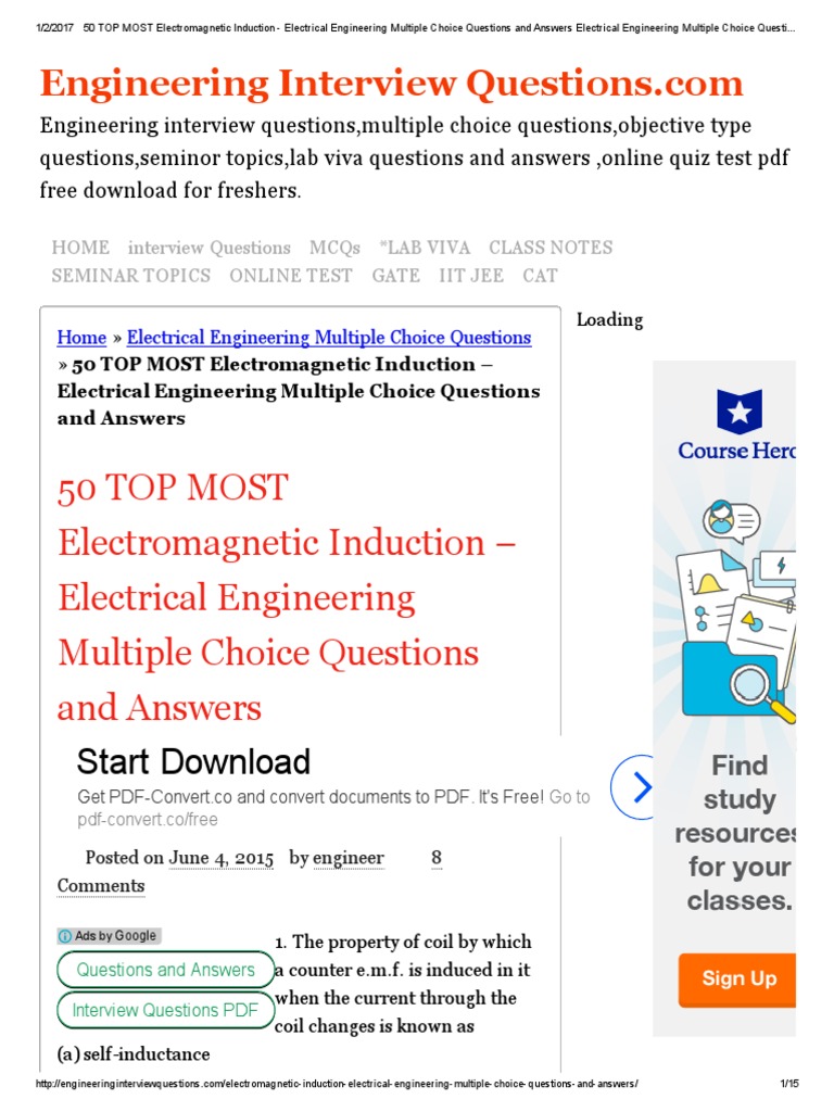 Electromagnetic Induction MCQs and Answers | PDF | Inductor | Inductance