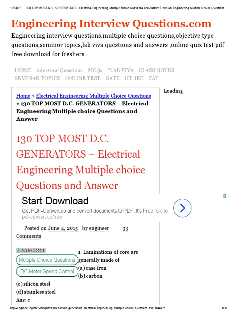 DC Generators MCQs for Electrical Engineering | PDF | Electric ...