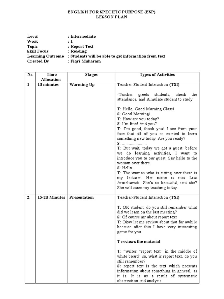 Lesson Plan Report Text | PDF | Lesson Plan | Education Theory