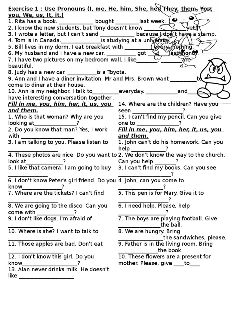 Fill in Me, You, Him, Her, It, Us, You and Them | Download Free PDF ...