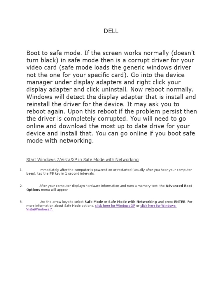 Boot to Safe Mode Fix Black Screen Dell | PDF