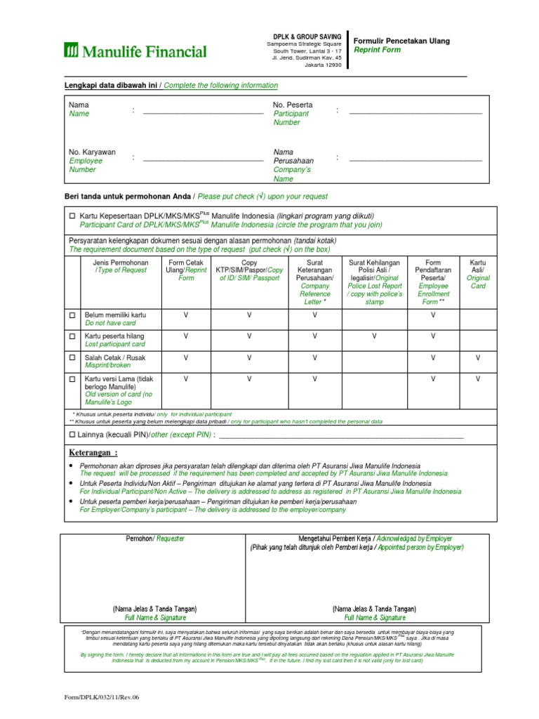 Pencetakan Ulang Kartu Manulife | PDF