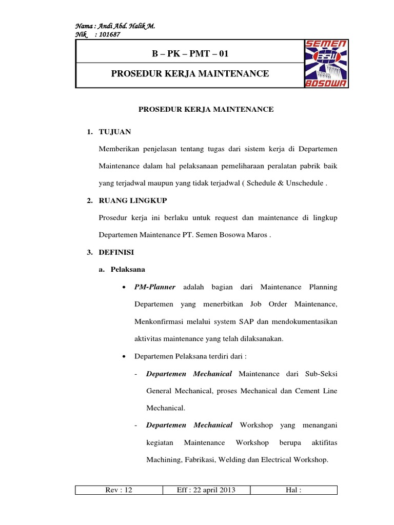 Sop Maintenance | PDF