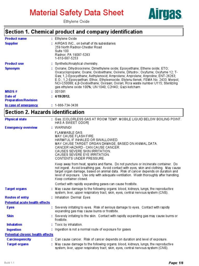Ethylene Oxide Safety Data Sheet | PDF | Dangerous Goods | Toxicity