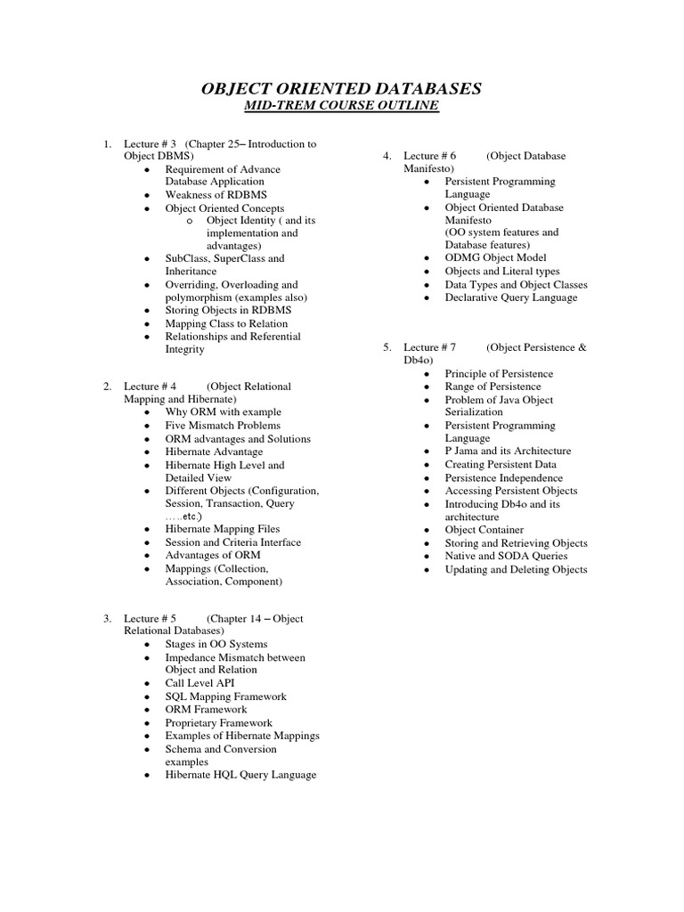 Final Exam Course Outline Oodbms Pdf Object Relational Mapping Object Computer Science