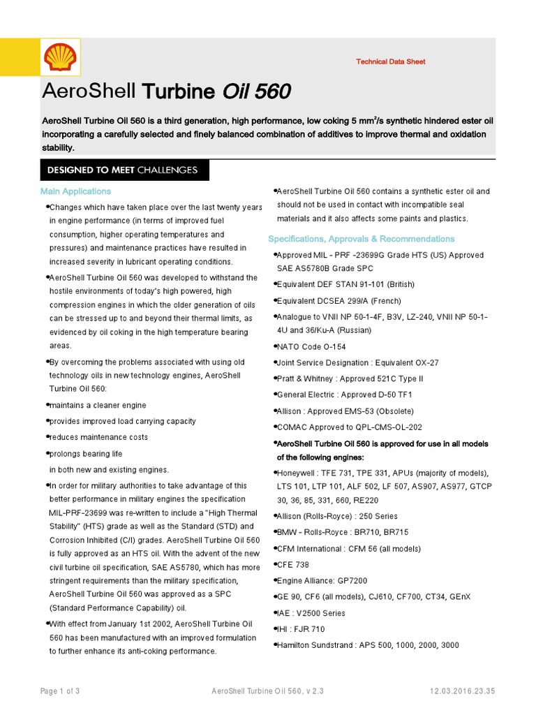 Aeroshell 560 Turbine Oil TDS | PDF | Motor Oil | Gas Turbine