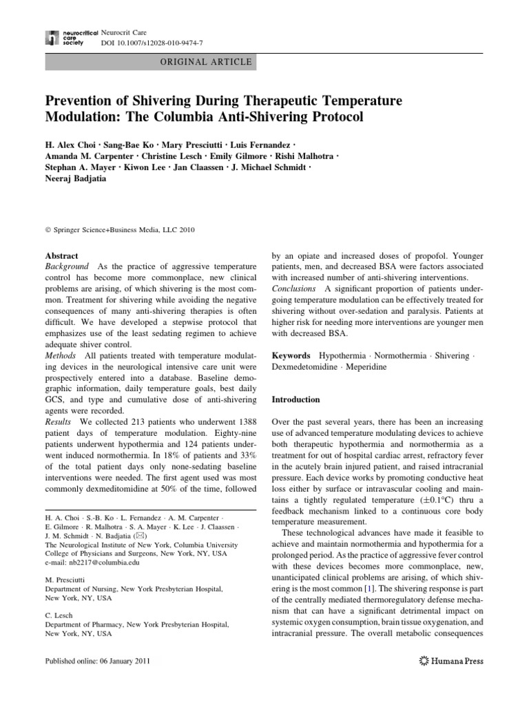 Columbia Anti-Shivering Protocol Overview | PDF | National Institutes ...