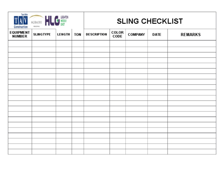 Sling Checklist: Equipment Number TON Color Code Company Date | PDF
