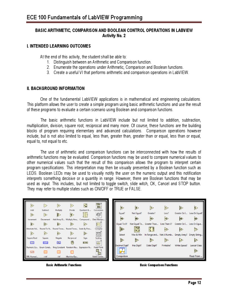 Activity 2-Arithmetic Comparision and Boolean Operations in LabVIEW | PDF | Arithmetic | Boolean ...