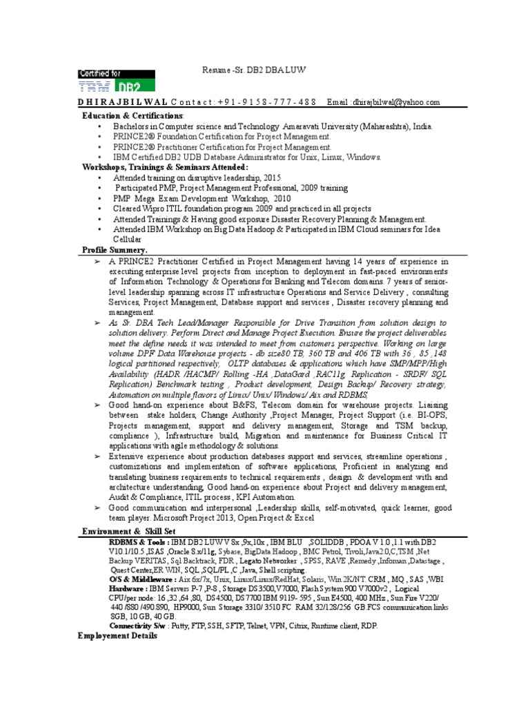 Resume - DhirajBilwal SR - db2 DBA Lead | PDF | Ibm Db2 | Databases