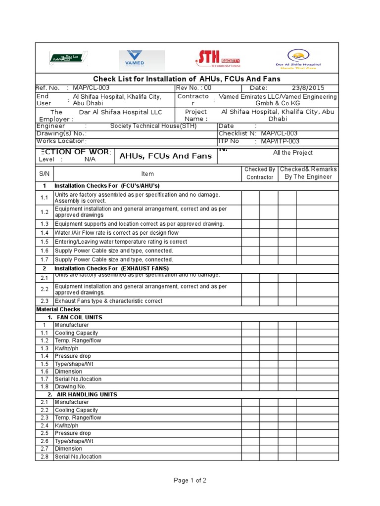 Check List For Installation of Ahus, Fcus and Fans | PDF