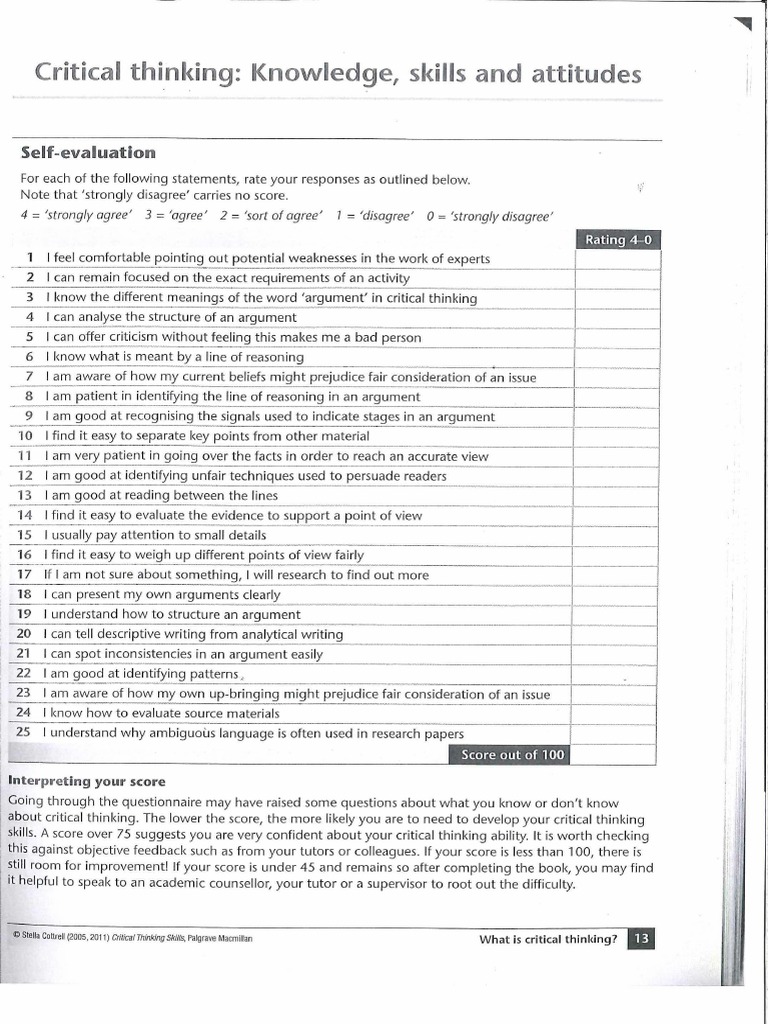 Cottrell - Critical Thinking Skills - SELF - EVALUATION PDF | PDF ...