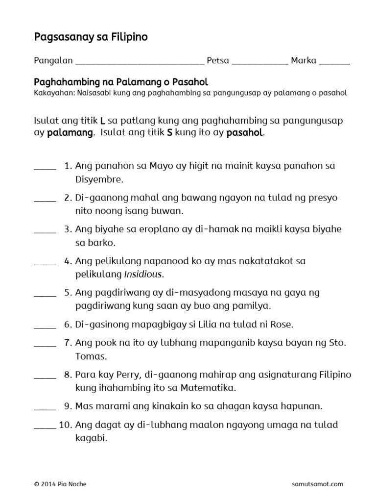 Paghahambing Na Palamang o Pasahol 11 | PDF