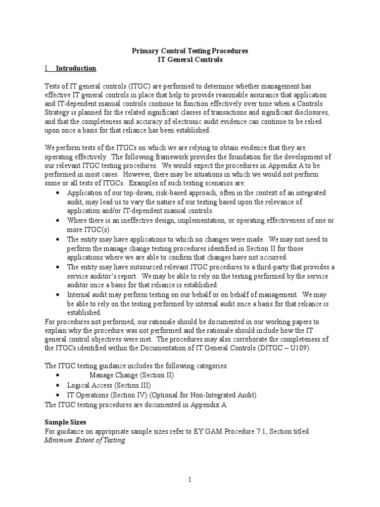 Itgc Primary Control Testing Procedures 1 With Notes Pdf